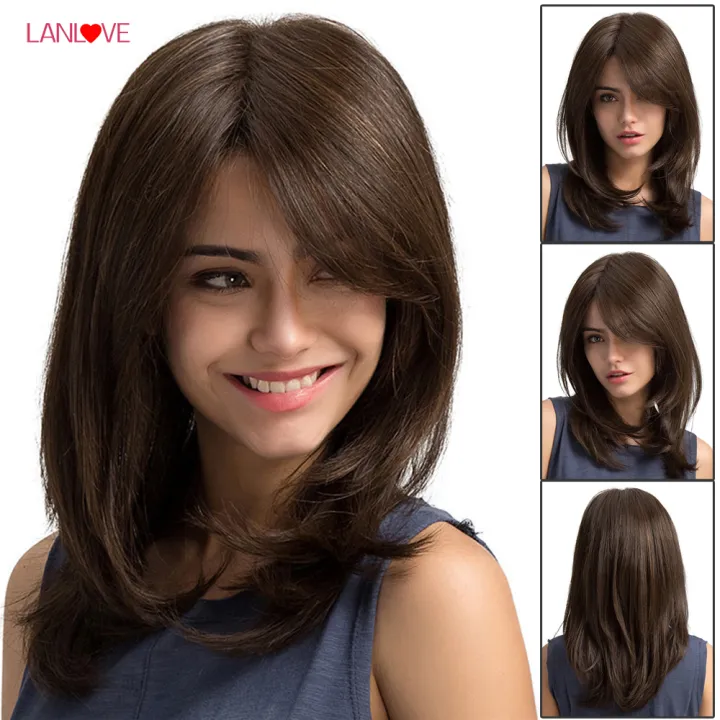 LANLOVE สีน้ำตาลเข้มวิกผมยาวผู้หญิงผมปลอมเรียบอุปกรณ์ผมปุยระบายอากาศธรรมชาติที่ไร้รอยต่อวิกผมผม ...