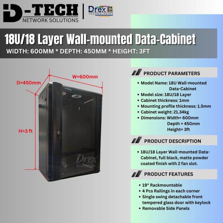 D-Tech 6418W 18U Wallmounted Data Cabinet W=600 * D= 450 * H= 3FT ...
