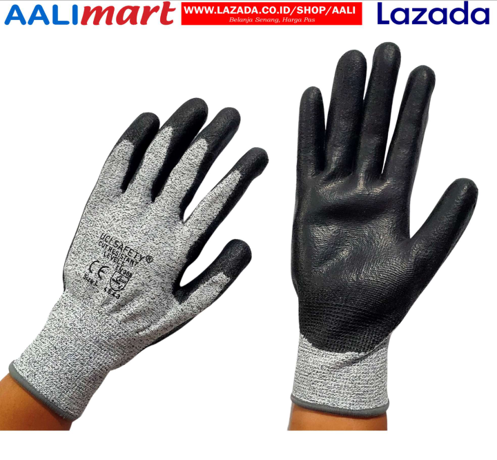 Sarung tangan telapak karet hitam cut resistant level 5 anti sayat pisau benda tajam bahan nylon ...
