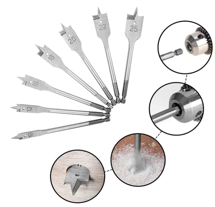 6PC SET METRIC FLAT WOOD SPADE DRILL BIT SET CUTTER HEX CUTTING HOLE ...