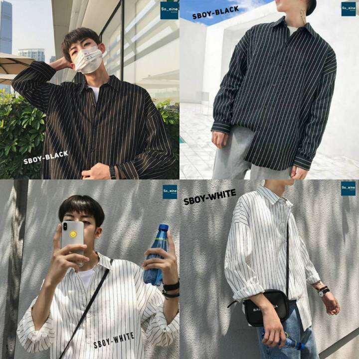 so_mine เสื้อเชิ้ตแขนยาวคอปก ลายทาง สีดำ สีขาว ทรงตรง เสื้อเชิ้ตลำลอง ...