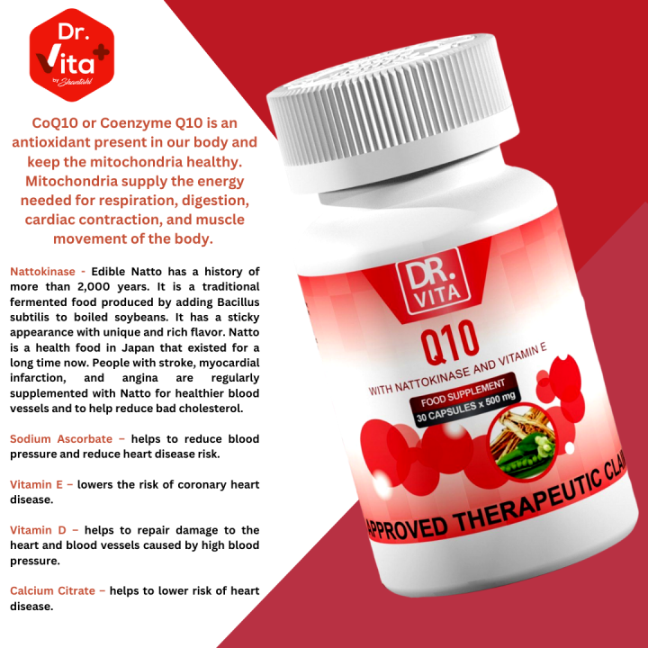 Dr. Vita Q10 with Nattokinase and Vitamin E 500mg X 30 Capsules per bottle | Lazada PH