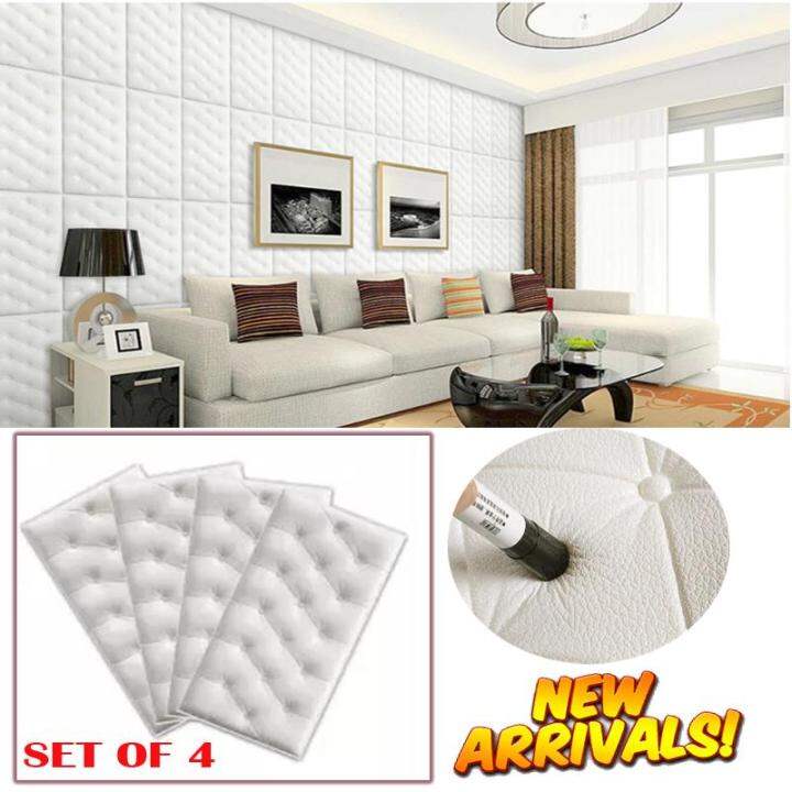 (WHITE) 4Pcs PE Foam 3D Wallpaper for Living Room Sofa TV Background ...