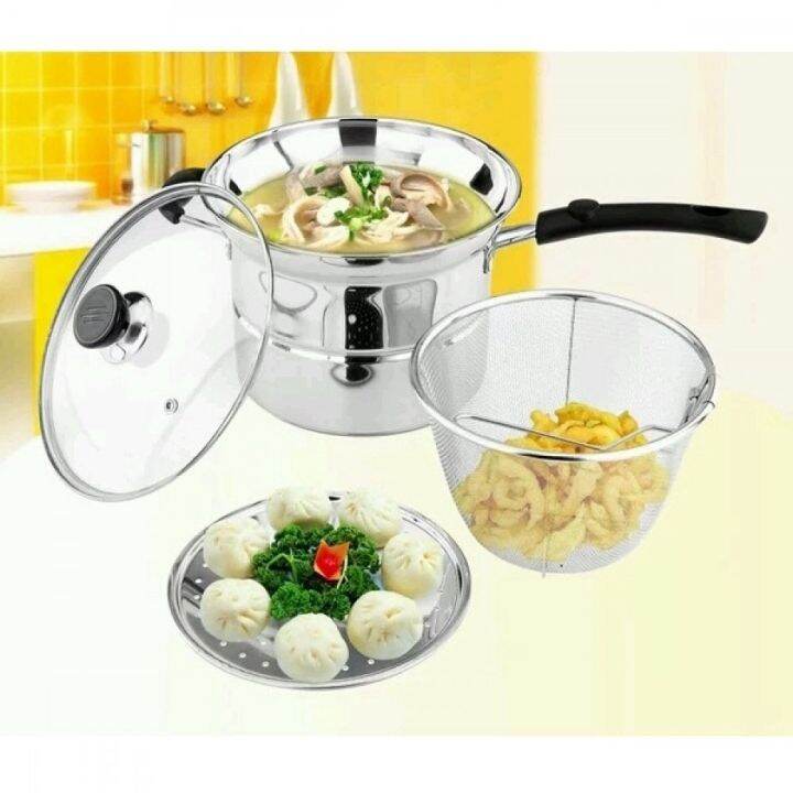 22 cm Stainless Steam and Deep Frying Cooking Pot with Boil Basket ...