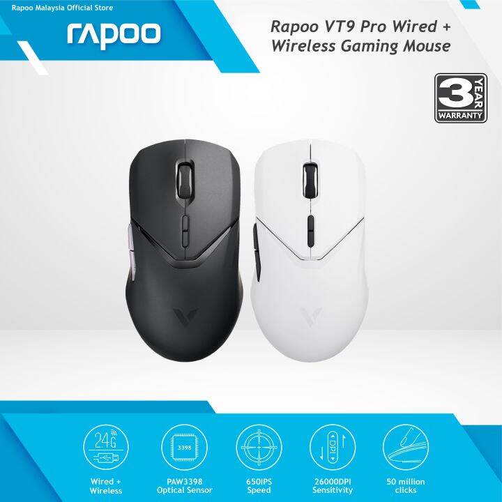 Rapoo VT9 Pro Wireless Gaming Mouse 2.4G Wired 26000 DPI Gamer Wireless Rechargeable Mouse - 3 ...