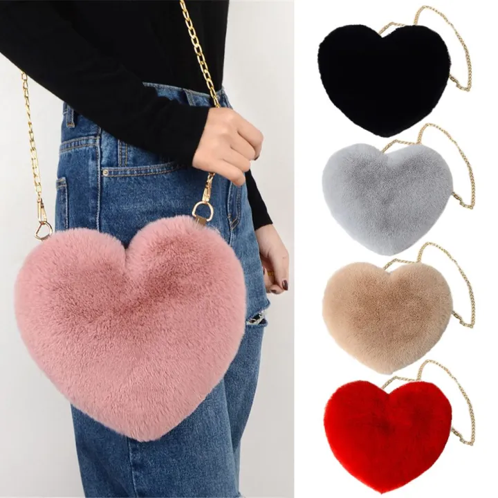 SUMMIT Women Chain Fluffy Soft Faux Fur Heart Shaped Shoulder Bag ...