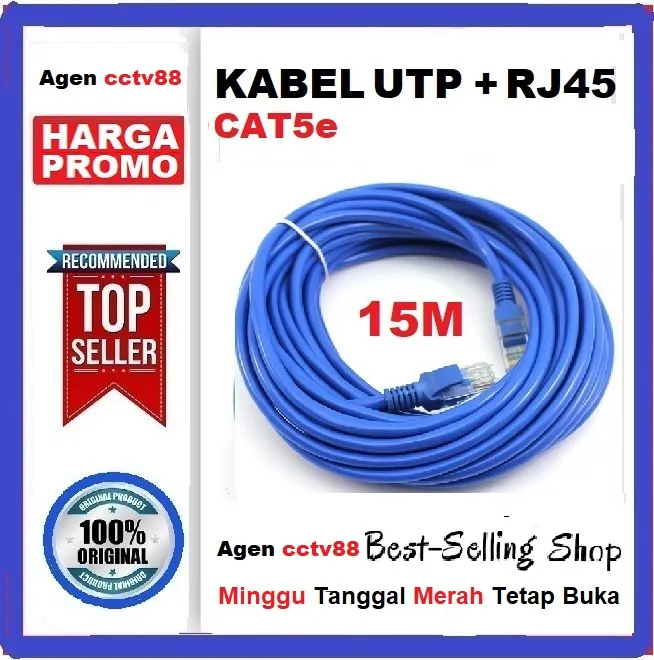 Kabel UTP/LAN 15 Meter Cat5e Terpasang Konektor RJ45 Dan Plugboot ...