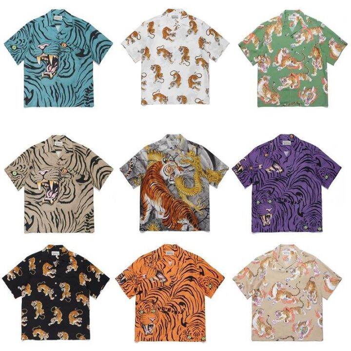 ☒♧☍เสื้อเชิ้ตแขนสั้นลายทางเสือเมฆ BAPE TIM LEHI HAWAIIAN WACKO MARIA ...