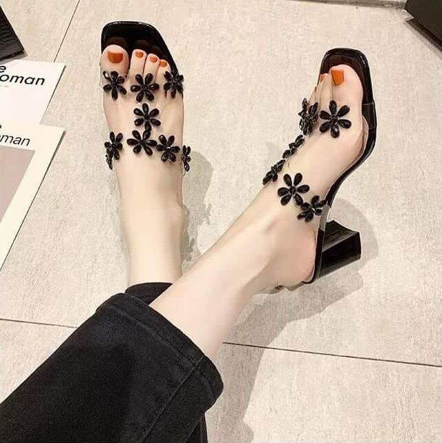 LADIES FLORAL STRAP DESIGN HEELED SANDALS TRASPARENT PLASTIC STRAP WITH ...