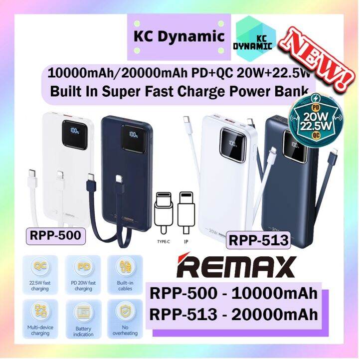 Remax RPP-500 10000mAh RPP-513 20000mAh Built In Cable Power Bank PD20W QC22.5W Super Fast ...
