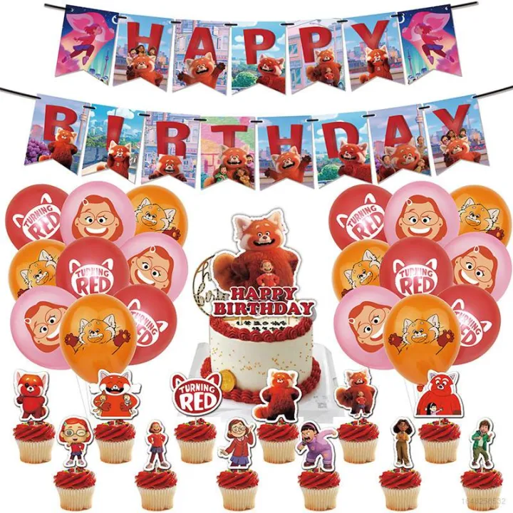 MB Turning Red Theme Happy Birthday Party Decor Scene Layout Card Cake ...