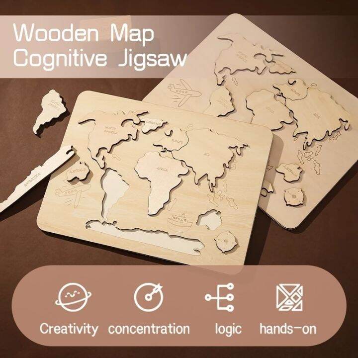 Montessori Wooden World Map Puzzle Toy Shape Cognition Toy For Kids ...