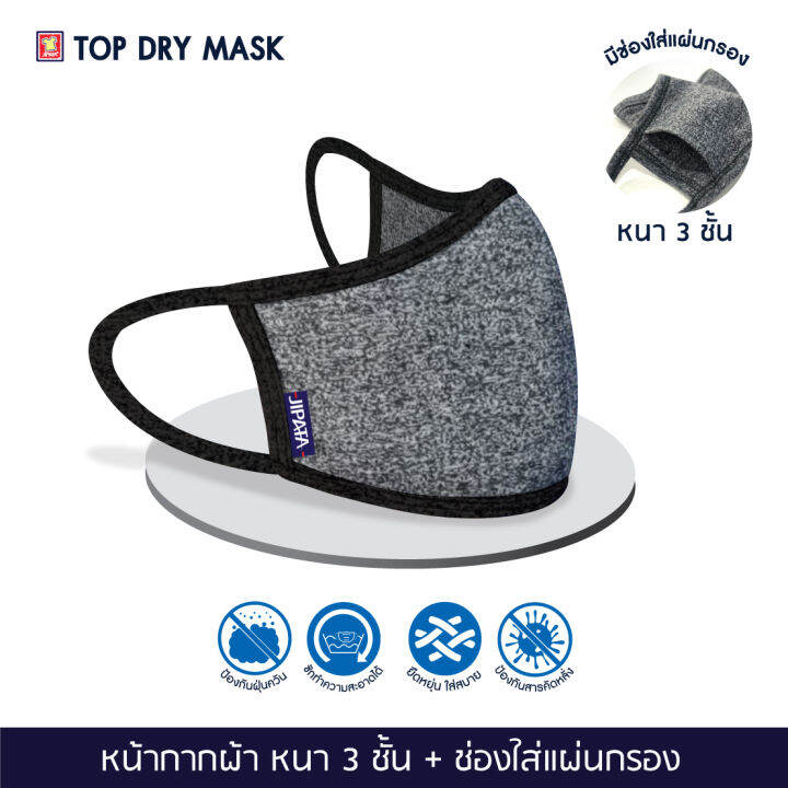 ผ้าปิดหน้า สีเทาขอบและสายสีดำ มีช่องใส่แผ่นกรอง ผ้าฝ้ายท็อปดาย Cotton Topdry สายสั้น หน้ากาก ...