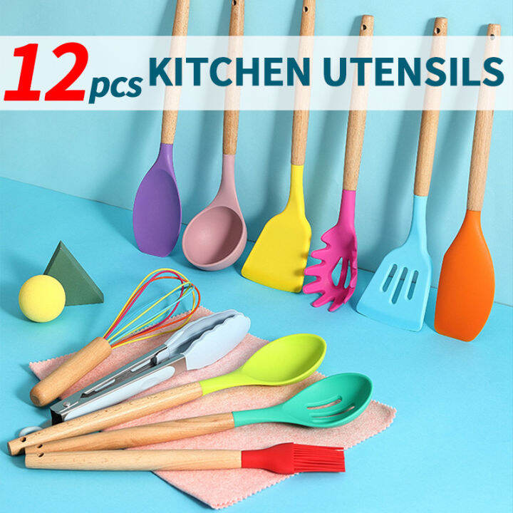 12pcs Wooden Silicone Kitchen Utensils Cooking Tools Set Stand ...