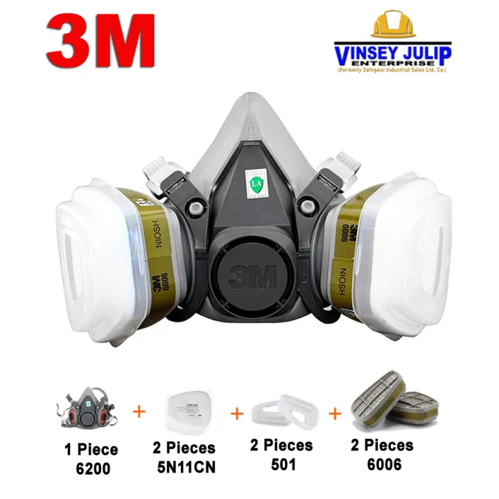 [7 in 1] 3M 6200 Respirator with 3M 6006 Multi Gas Cartridge, 3M 501 Retainer and 3M 5N11CN ...