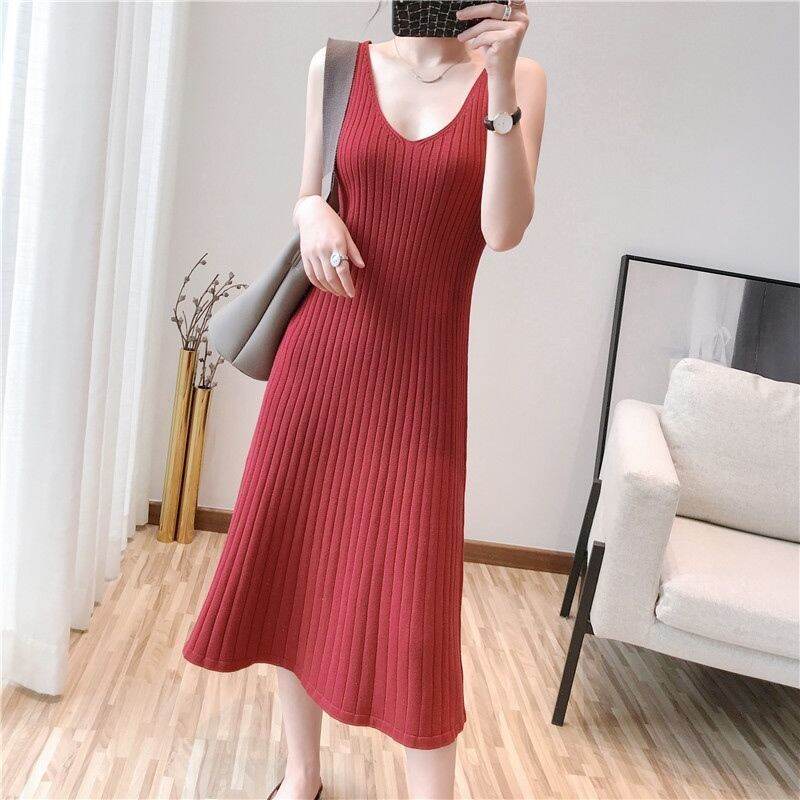 Women Spring Summer Vintage Plus Size Knitted Dresses Lady Sleeveless V ...