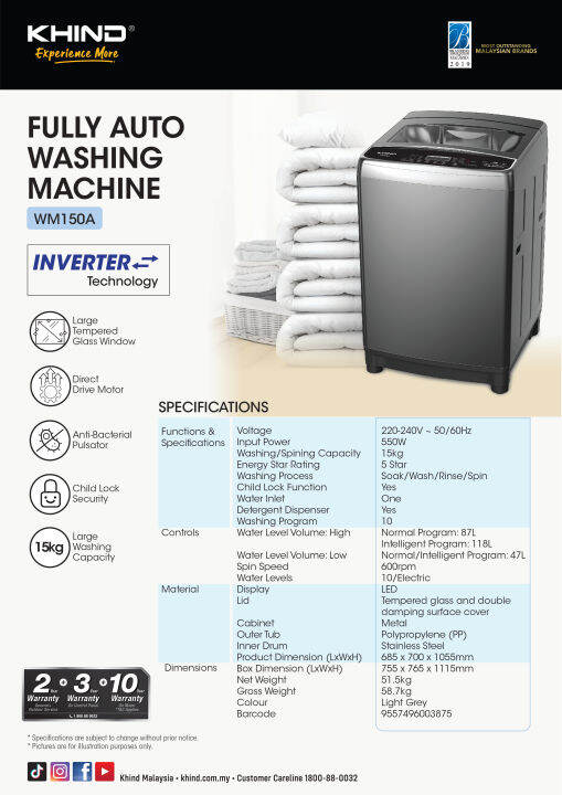KHIND 15KG Fully Auto Washing Machine WM150A Inverter (Sales) | Lazada