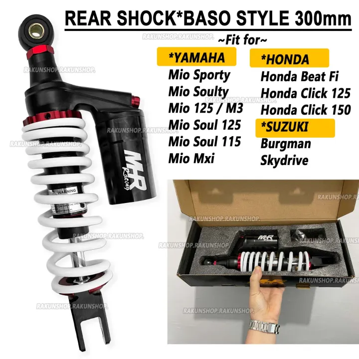 Rear Shock Absorber 300mm BASO STYLE WHITE and BLACK Mio Beat Click Plug and play Mio sporty ...