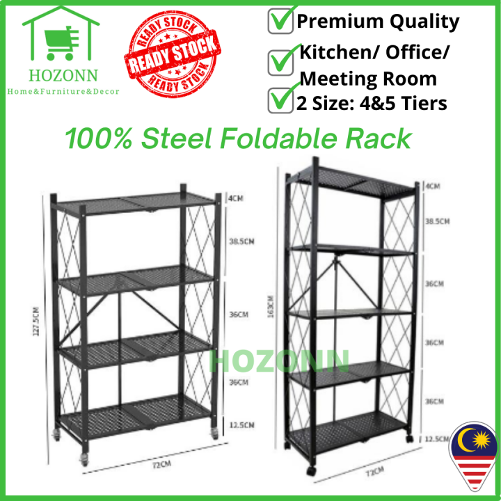 HOZONN 4/5 Tiers Foldable No Assembly Storage Shelves with Wheels ...