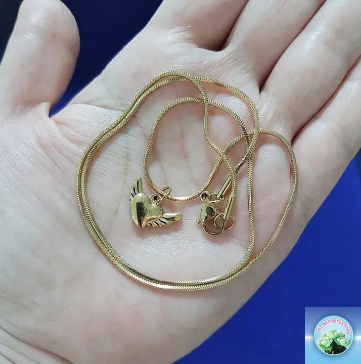 สร้อยคอสแตนเลสแท้ สีทอง ลายงูเหลี่ยมเล็กพร้อมจี้รูปหัวใจ ยาว 20" สร้อยคอผู้หญิง สร้อยคอแฟชั่น ...