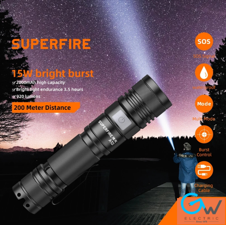 [Full Set] SUPERFIRE A12 15W LED USB Rechargeable Waterproof Flashlight ...