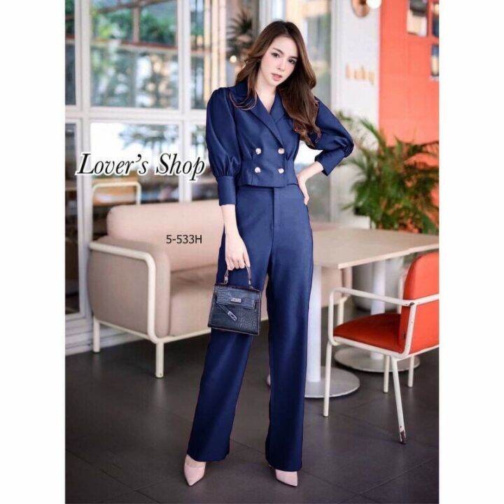 D200-1-CL5-533 (H) set 2 ชิ้น เซต ขายาว เสื้อทรงแขนพอง คอปก ติดกระดุมหน้า มาพร้อมกางเกงขายาว งาน ...