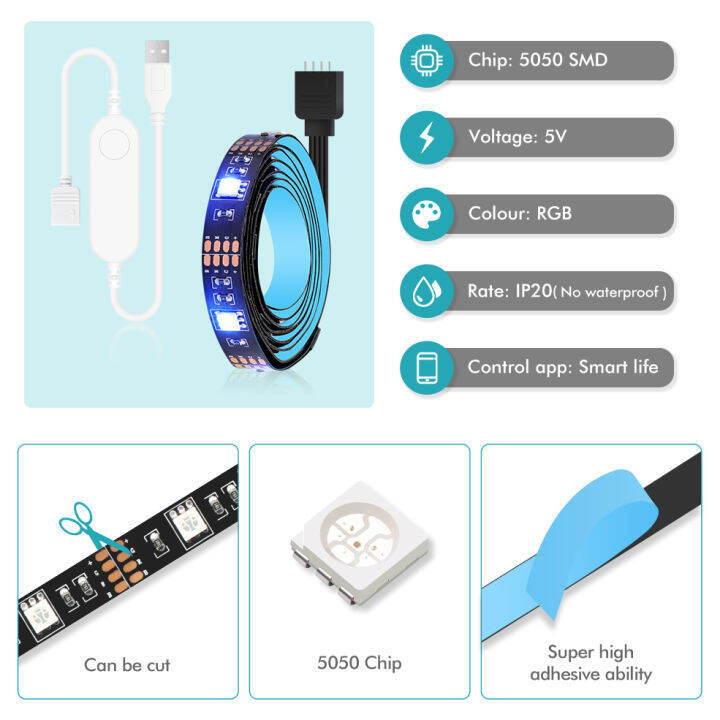 WIFI RGB LED Strip Light 5050 USB RGB Tape Decorative Lamp PC Backlight Tuya Smart Control Work ...