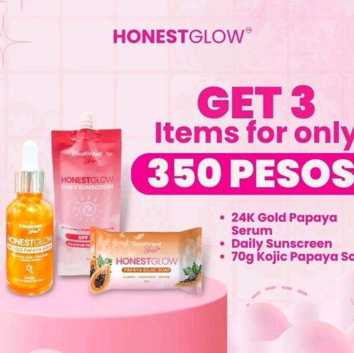 TRIO PACK Honestglow 24k Gold Serum + Sunscreen + Kojic Papaya 70g ...