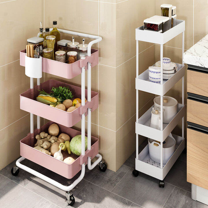 Pink kitchen trolley rack floor multi-layered wheeled mobile trolley ...