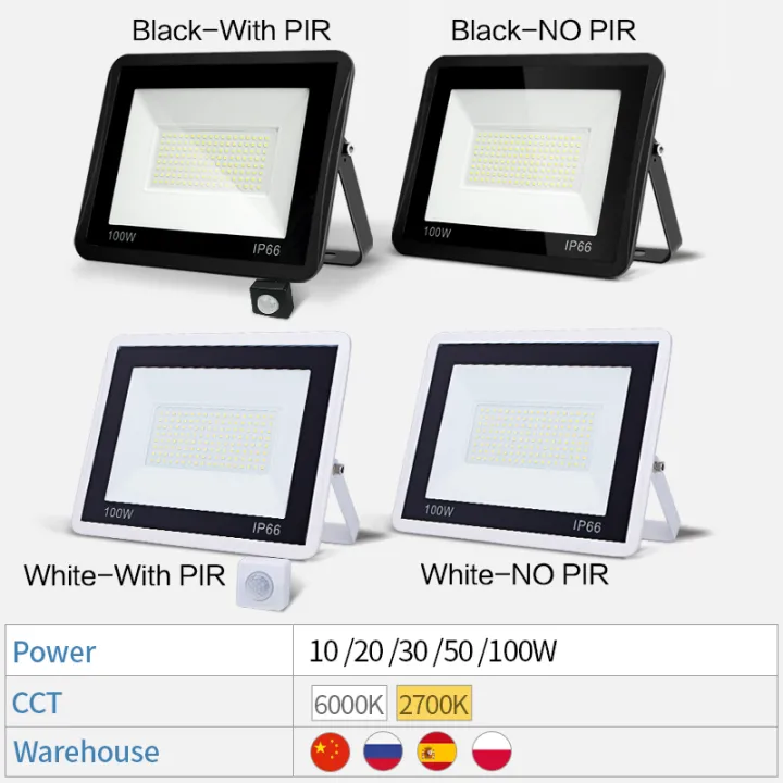 Black White LED Floodlight PIR Motion Sensor 220V 10W 20W 30W 50W 100W Outdoor Lamp Waterproof ...