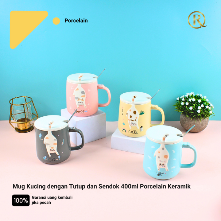 Mug Kucing dengan Tutup dan SendoK 400ml Porcelain Keramik | Lazada ...