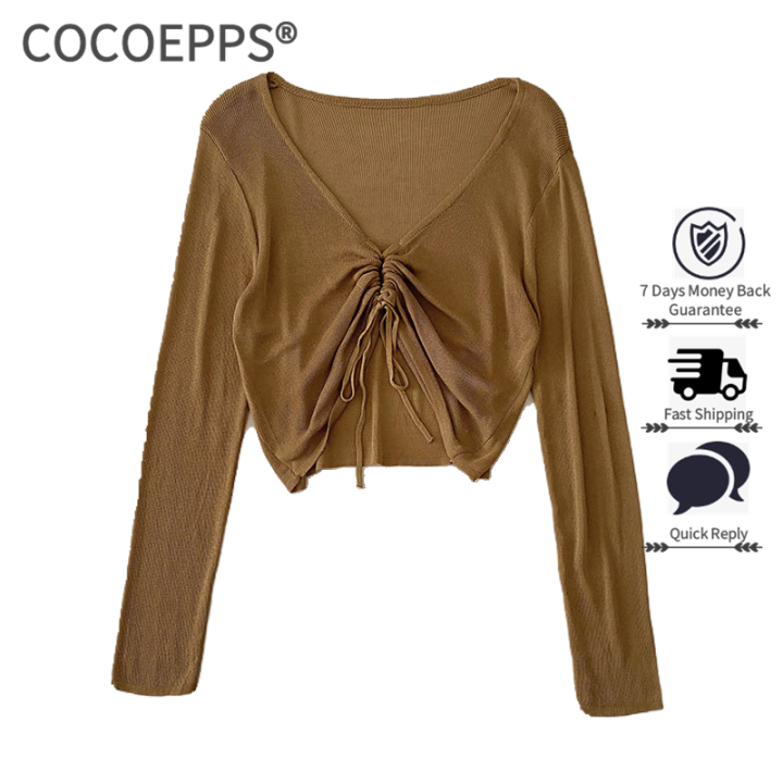 COCOEPPS เสื้อกันหนาวแบบถักคอวีลูกไม้สำหรับผู้หญิงแขนไหมแบบยาว2022ฤดูร้อนสไตล์เกาหลีแบบย้อนยุคเล ...
