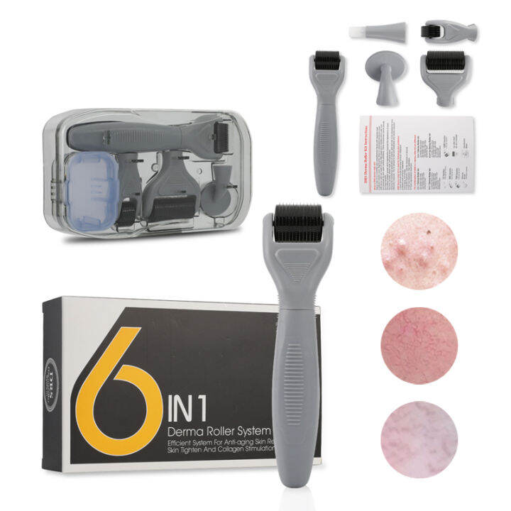 6 in 1 Derma Roller Black Dermaroller Set With 5 Roller Head 1.5 Derma ...