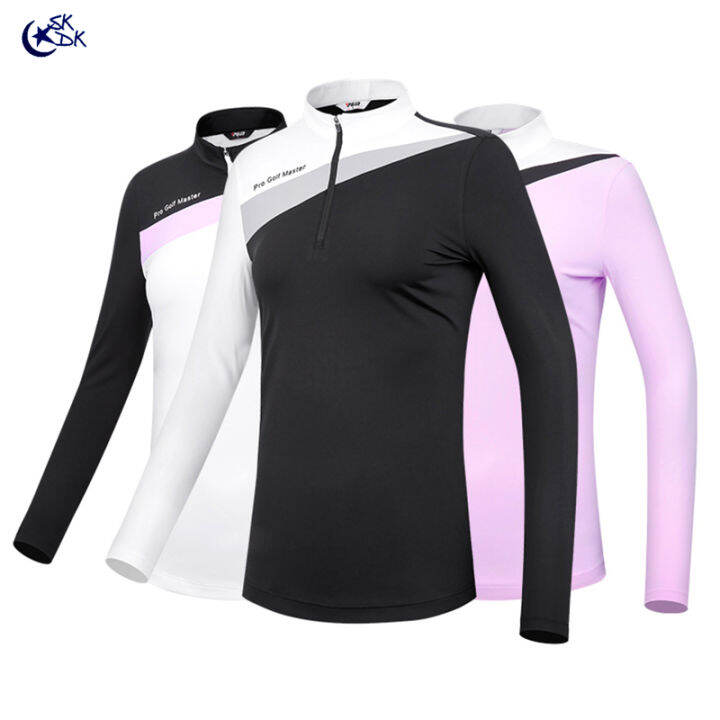 SKDK SHOP เสื้อกอล์ฟผู้หญิงแขนยาว PGM,เสื้อปกแฟชั่นยืนเรียบง่ายสีตัดกัน ...