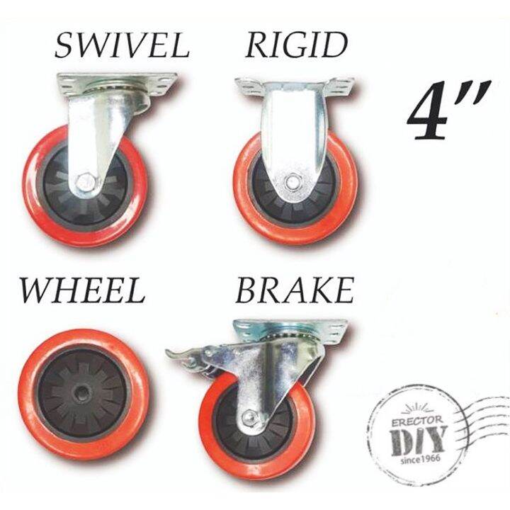 PIPE & JOINT 4'' (100mm) HEAVY DUTY RED PU SWIVEL/RIGID/BRAKE CASTOR ...