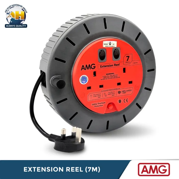 (100% Pure Copper 3Core 1.25mm) AMG Extension Reel Cable Reel 7 Meter ...