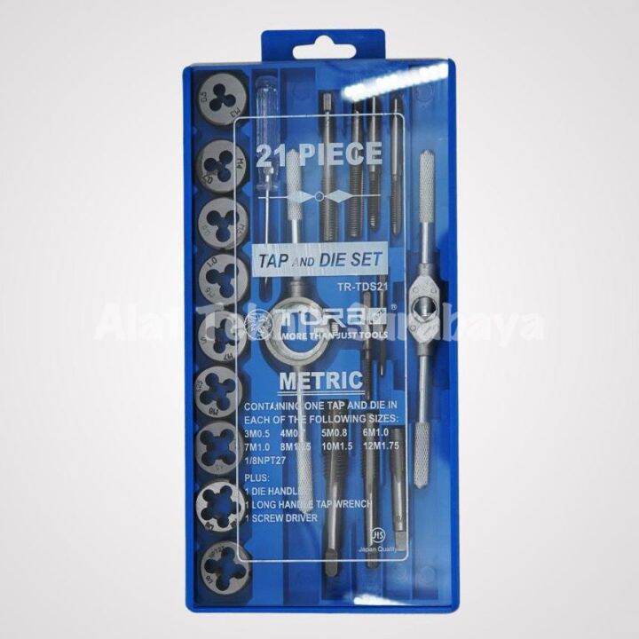 TAP & DIES SET TORA 21 PCS METRIC ALAT SENAI SNAI DAN HANDTAP ULIR DART MUR BAUT TR-TDS21 ...