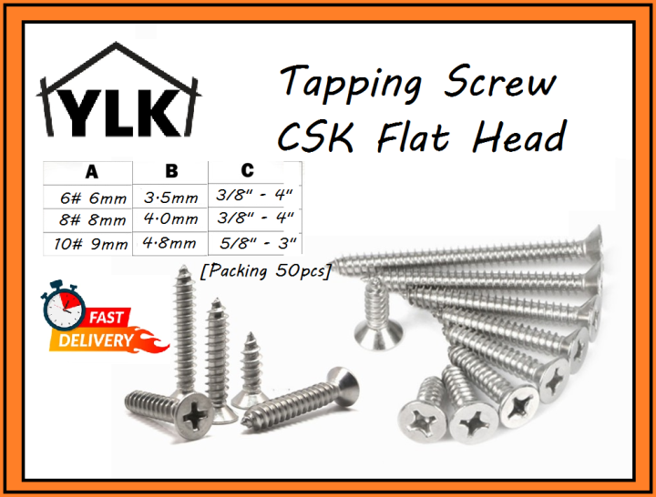 YLK【50Pcs/25Pcs】SELF TAPPING SCREW CSK FLAT HEAD /TAJAM SKRU KEPALA ...