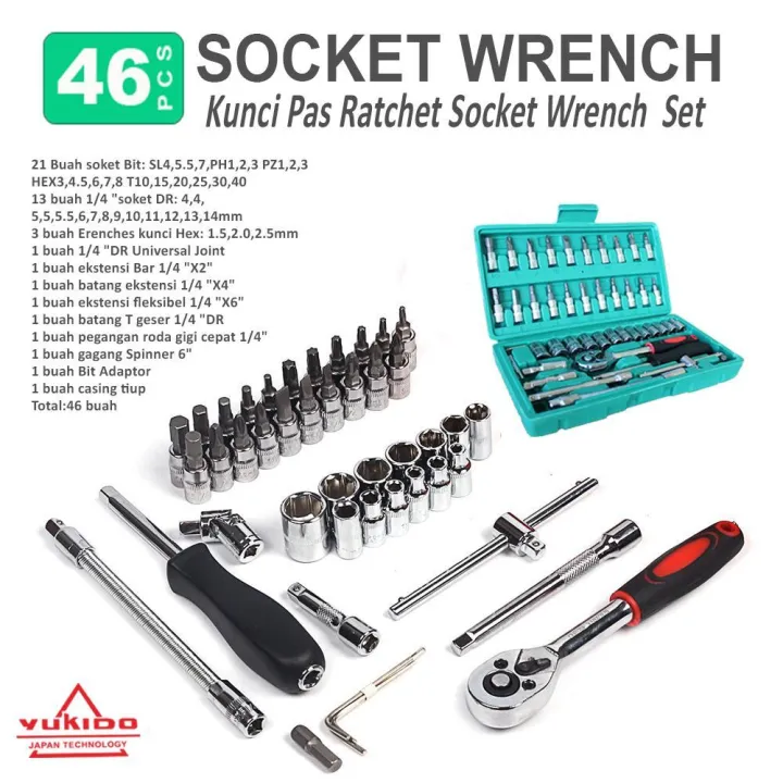 PROMO PAKET BENGKEL [ 1 SET ISI 46 PCS ]yukido Kunci Shock Socket Set ...