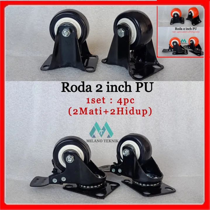 Roda 2 inch PU+Bearing (1set:4pcs 2M+Hrem) caster Troli Rubber karet 2 ...