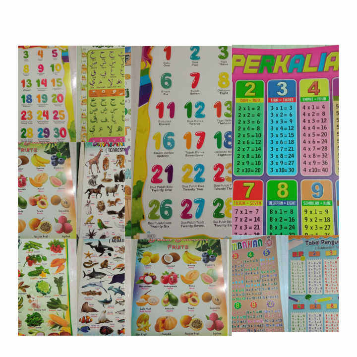 Poster Edukasi Anak/Huruf ABCD/Huruf Hijaiyah/Binatang/Buah-Buahan/Angka/Sayuran/Kendaraan ...