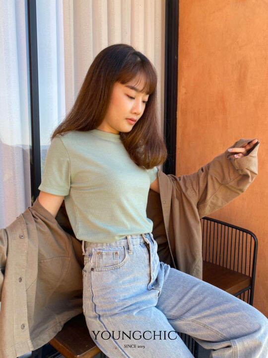 Youngchic - เสื้อยืดคอกลมเนื้อผ้าร่องเล็ก สีเขียวหยก | Lazada.co.th