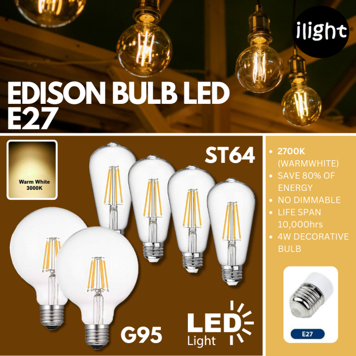 EDISON BULB ST64 G95 LED FILAMENT 4W LED E27 BULB VINTAGE LIGHT BULB ...