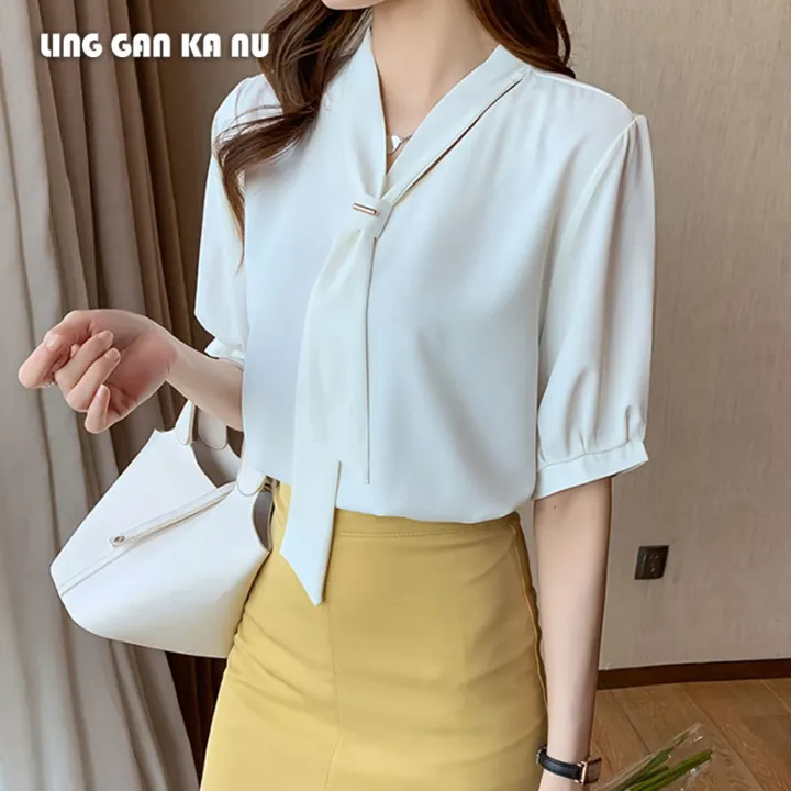 LING GAN KA NU ผู้หญิงแขนสั้นเสื้อ 2022 ฤดูร้อนใหม่เกาหลีรุ่น elegant ...
