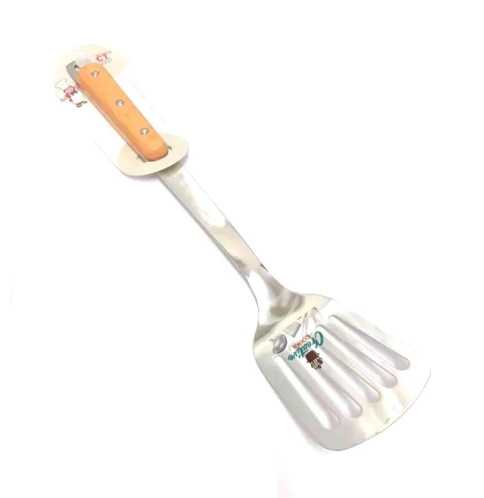 STAINLESS STEEL FRYING LADLE SLOTTED WOOD HANDLE ( T34-3 ) | Lazada PH