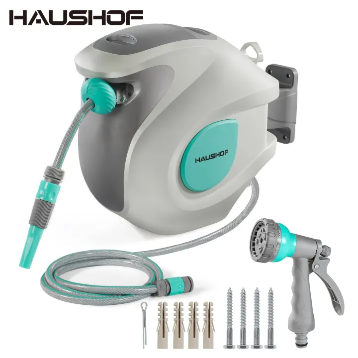 HAUSHOF Wall Mounted Retractable Garden Hose Reel Garden Hose Reel Box ...