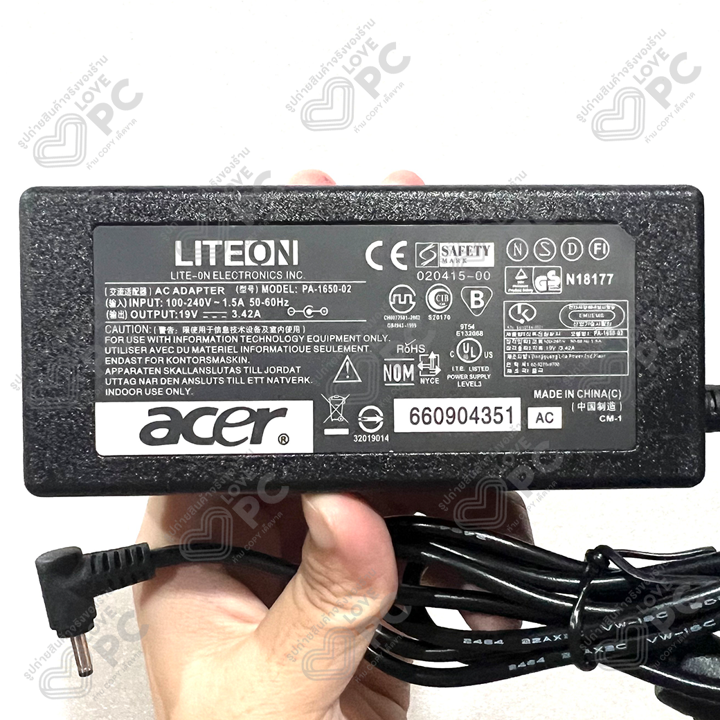อะแดปเตอร์โน๊ตบุ๊ค Acer19V3.42A(65W)*หัว3.0x1.1* [พร้อมสายไฟAC Power ...