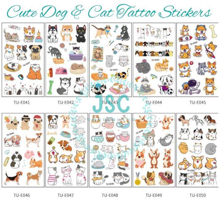 Cute Pet Theme Tattoo Stickers Dog Cartoon Tattoo Sticker Cat Cartoon ...