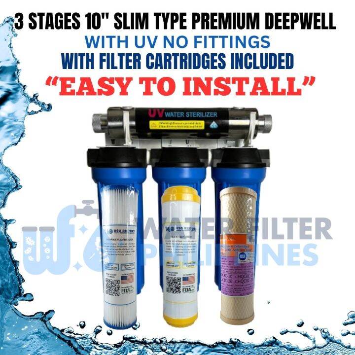 Water Filter 3 Stages 10” Slim type Premium Deepwell with 2 GPM UV ...