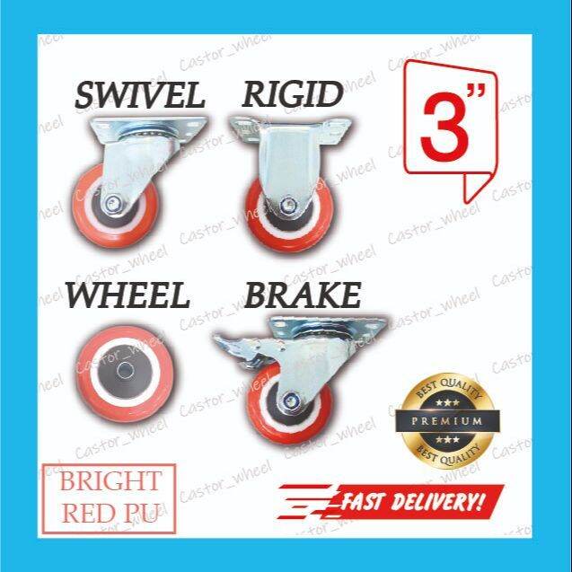 3'' (75mm) HEAVY DUTY BRIGHT RED PU SWIVEL/RIGID/BRAKE CASTOR/CASTER ...